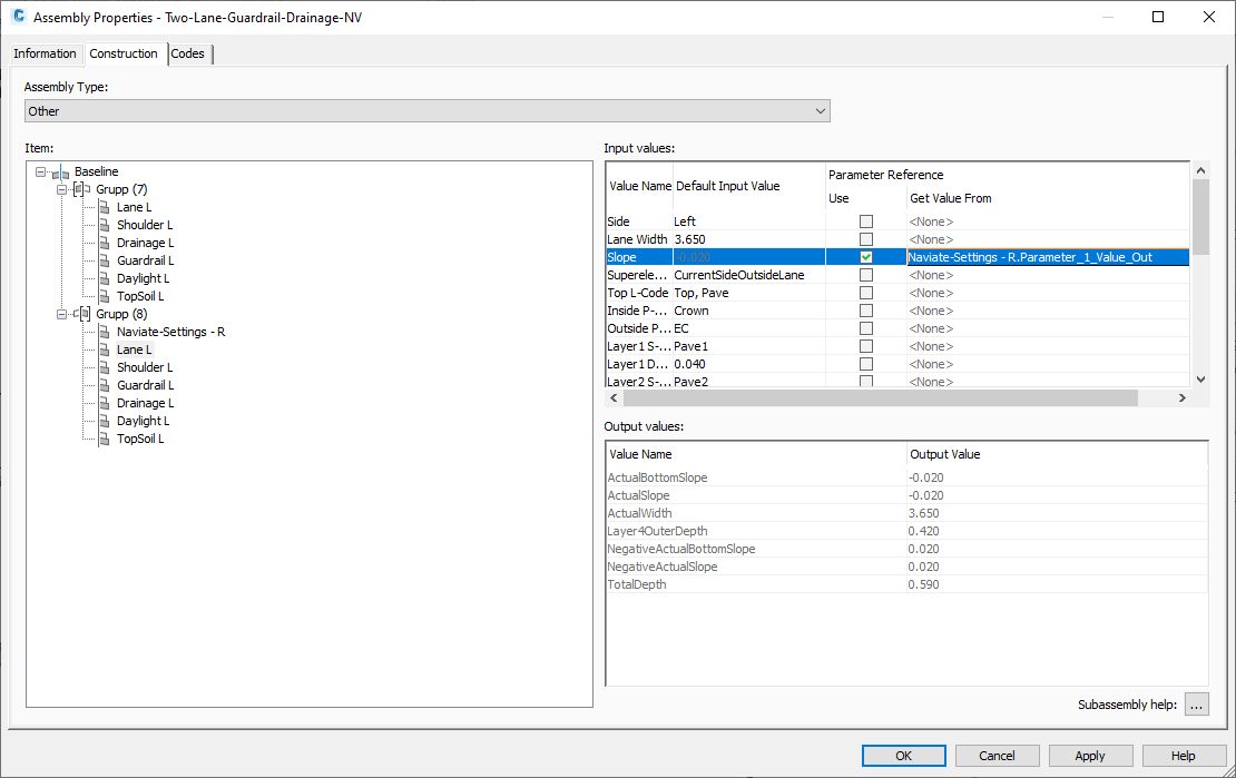 Superelevation with Naviate for Civil 3D - Settings subassembly
